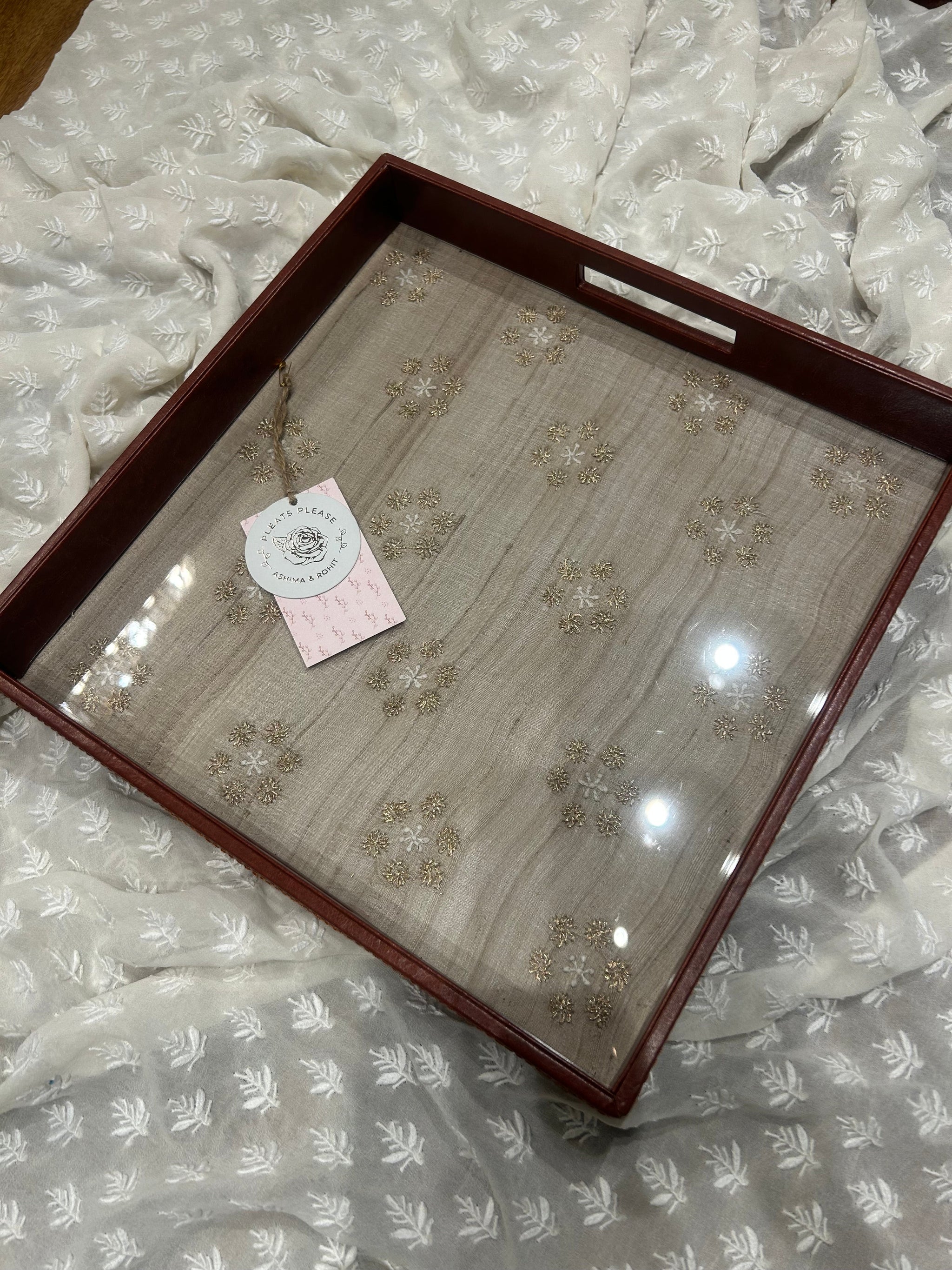 Fawn Silk Square Chikankari Leather Tray