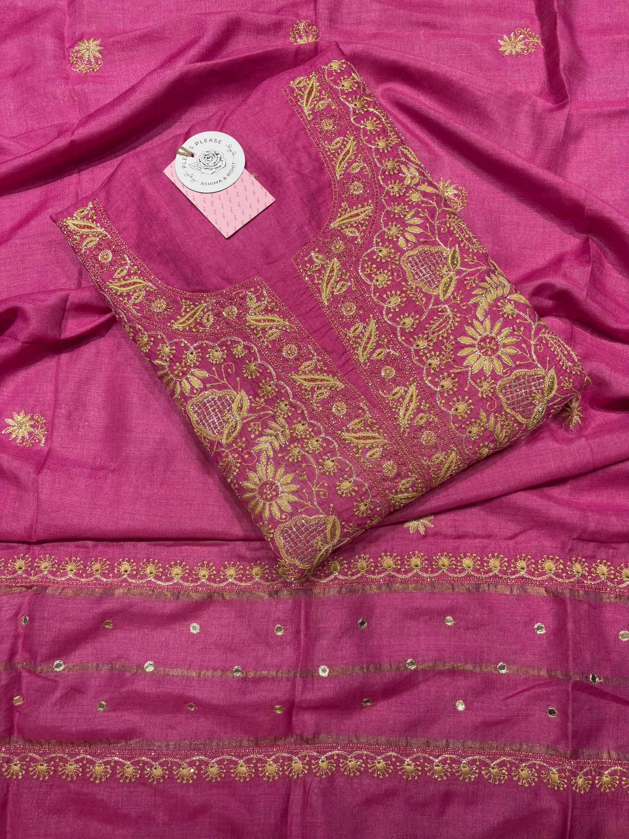 Magenta Pink Pure & Premium Monga Silk Chikankari Kurta, Dupatta & Bot